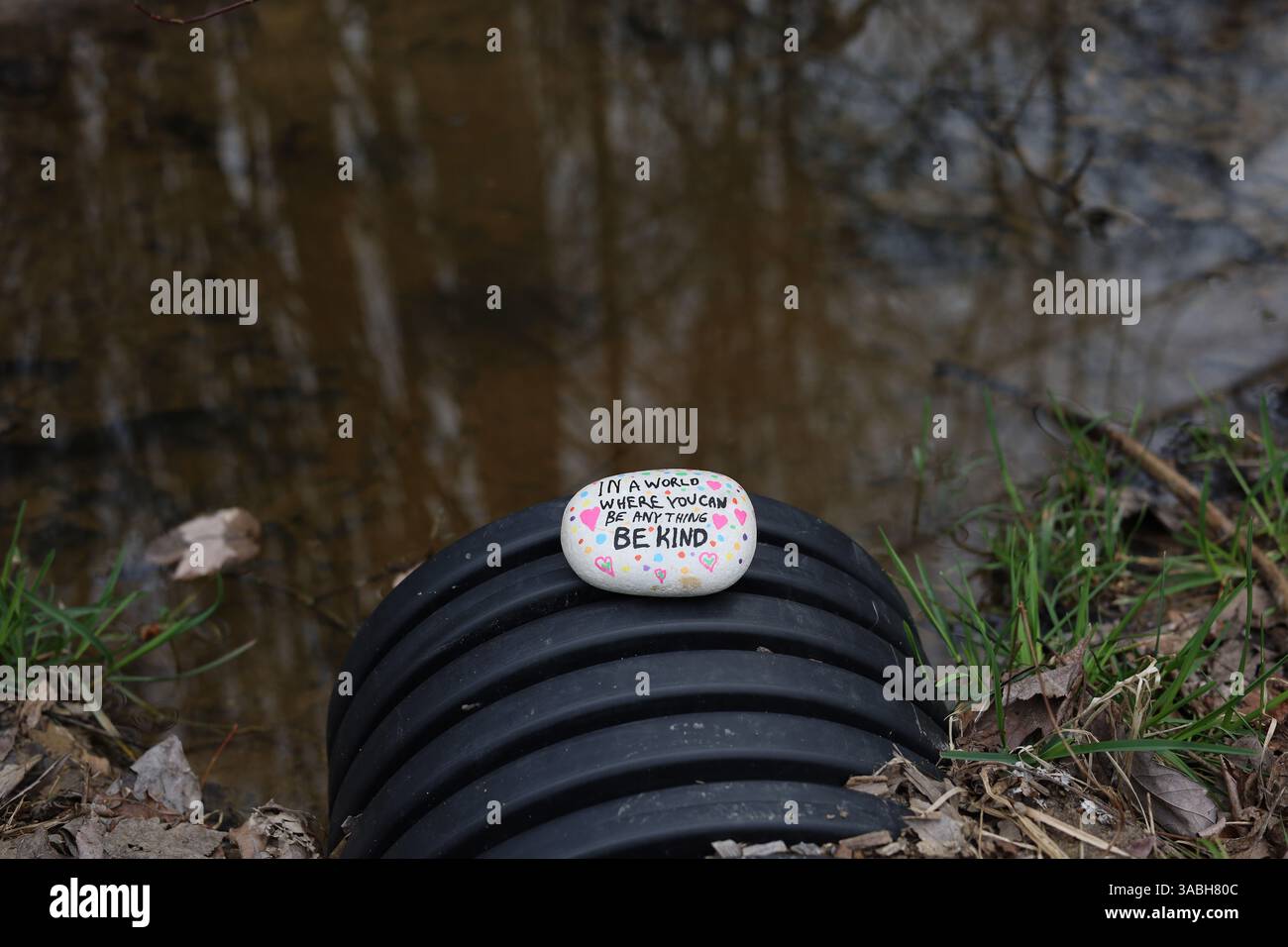 In a world be kind kindness rock on drainage pipe with water ...