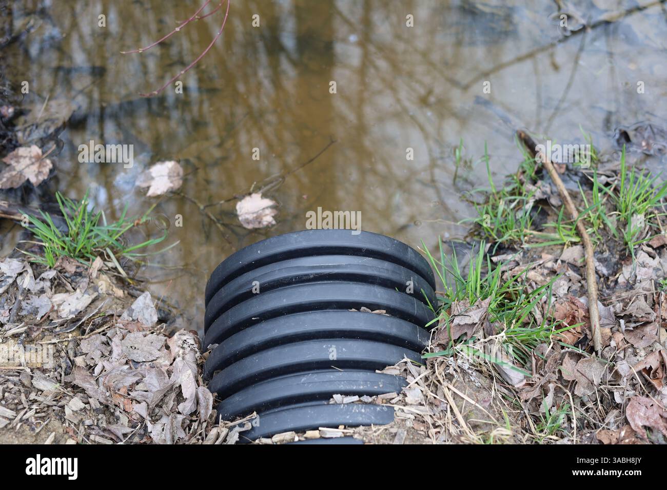 Black plastic drainage pipe draining into forest waterway with water ...