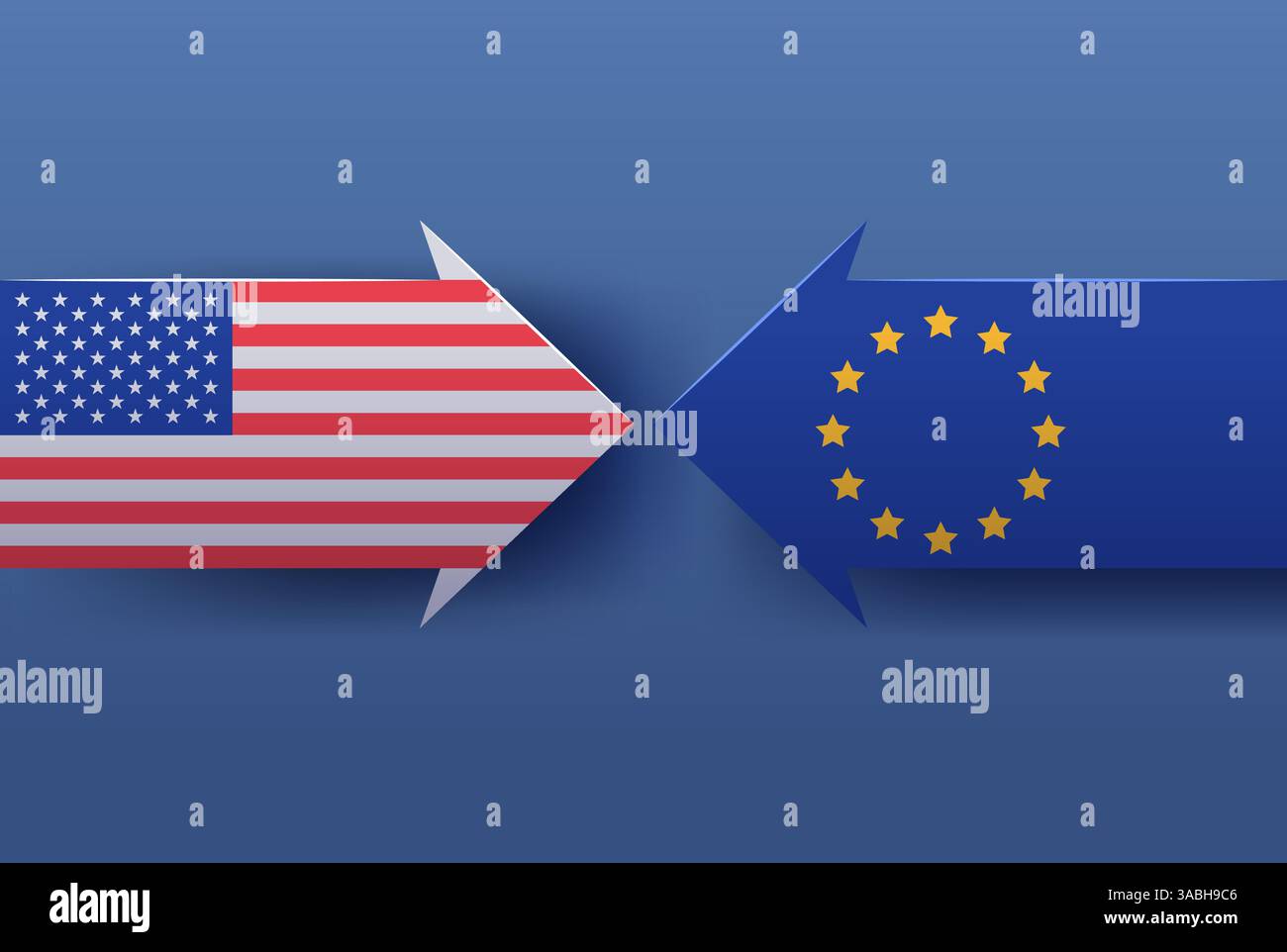 US EU trade conflict concept arrows facing each other with American and ...