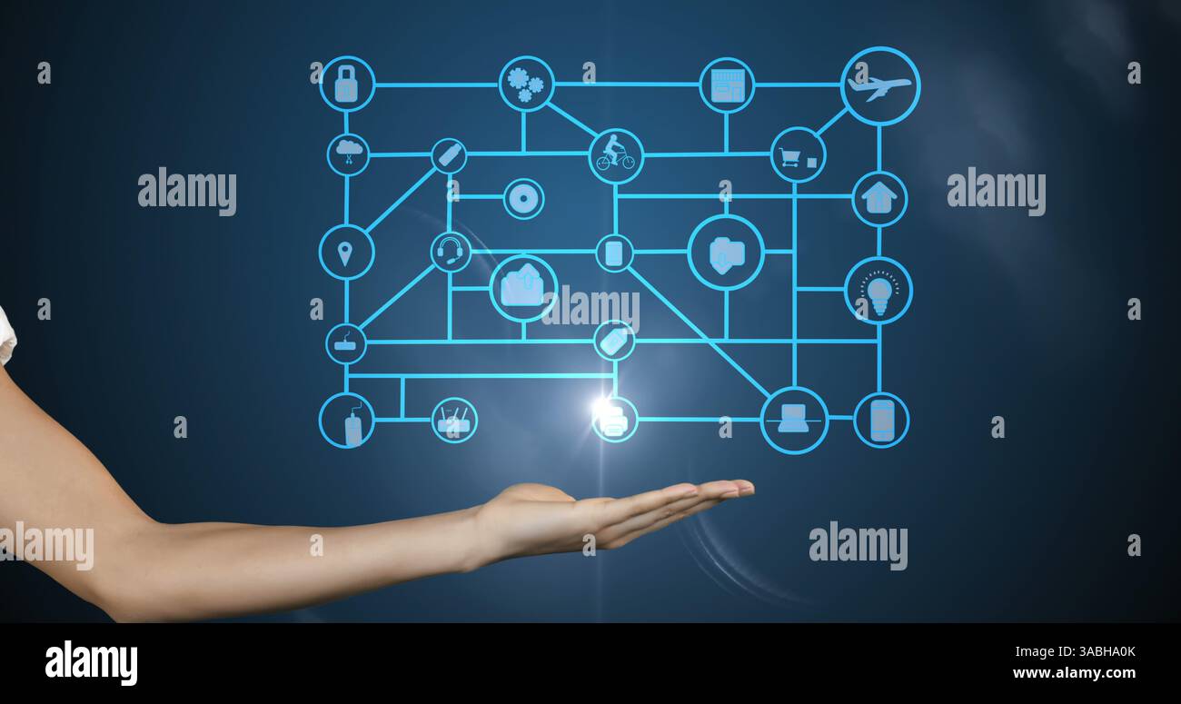Presenting digital network icons, hand symbolizing modern technology ...