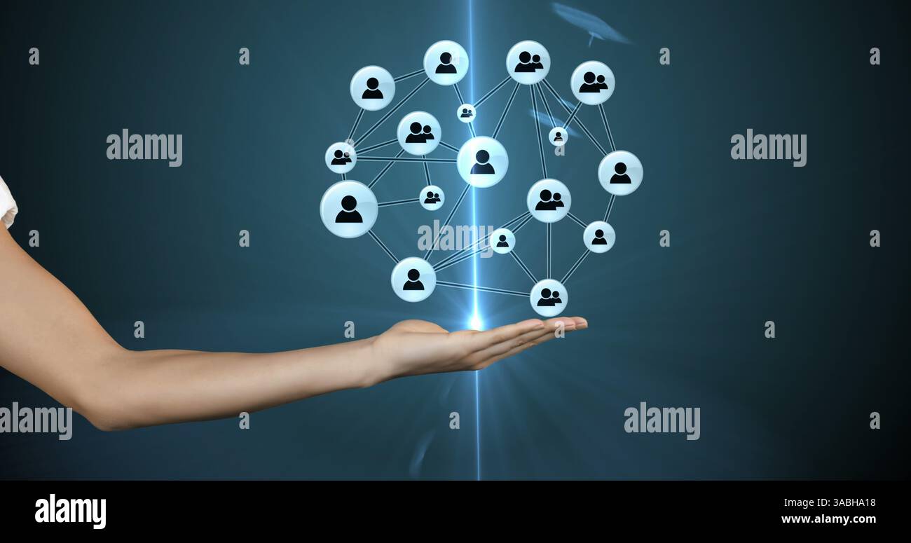 Holding digital network icons, hand representing global communication ...