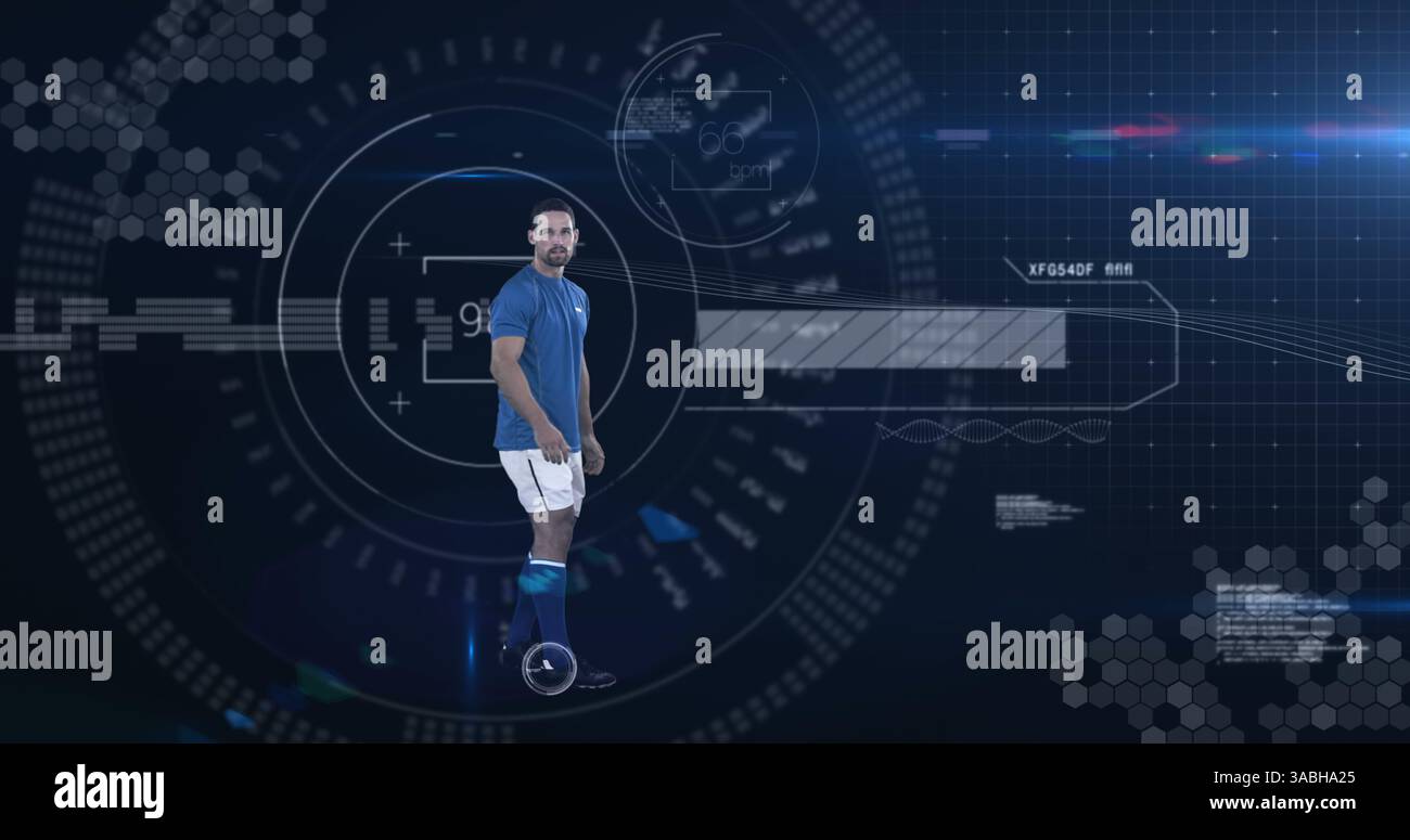 Standing against digital interface, male athlete wearing futuristic ...