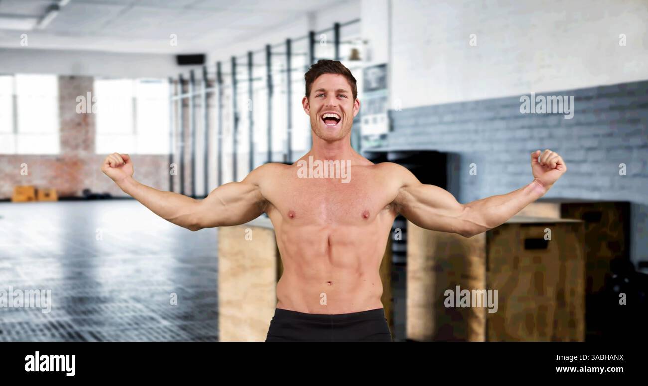 Image of muscular caucasian man flexing muscles over modern gym Stock ...
