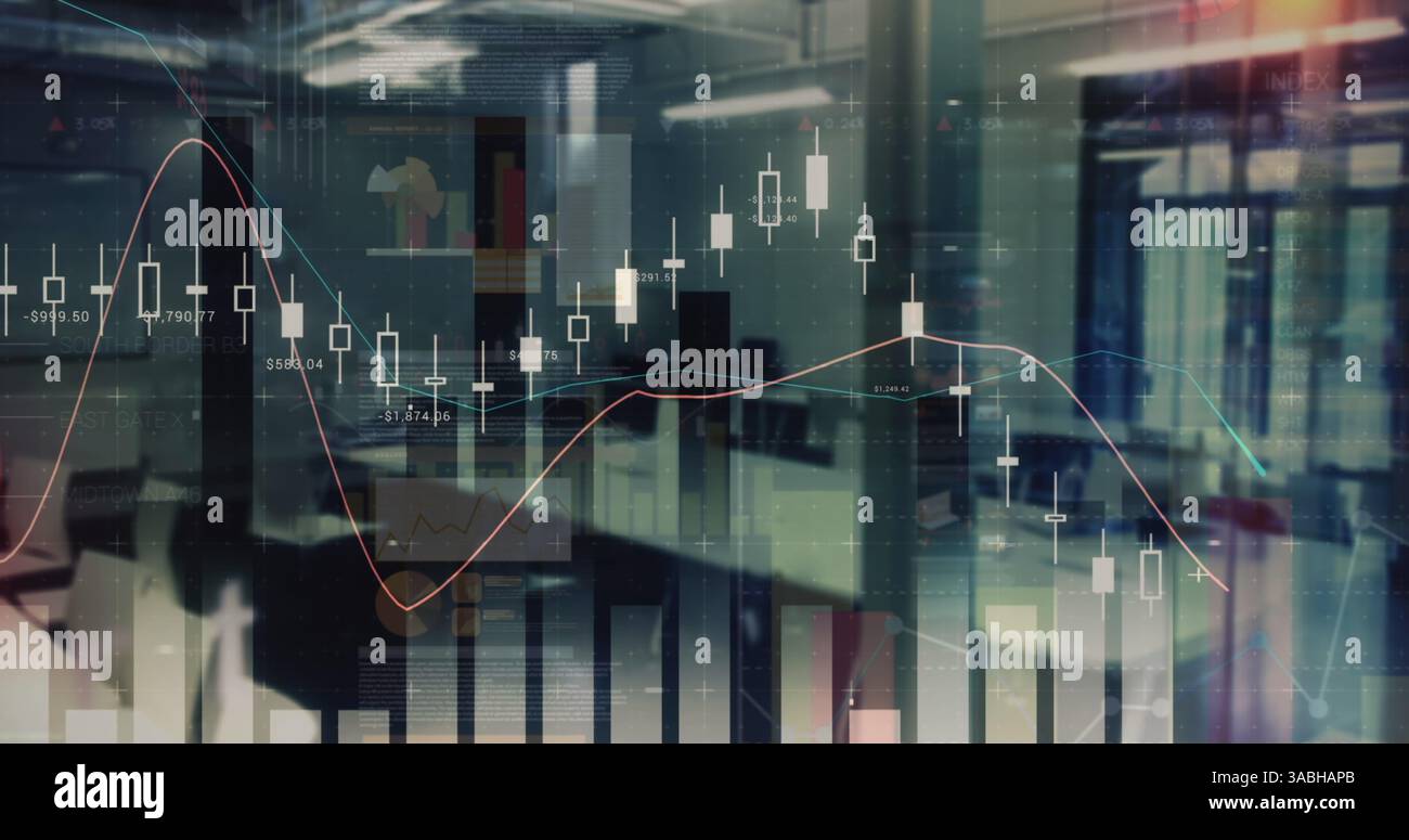Digital composition of statistical data processing against empty office. global business ...