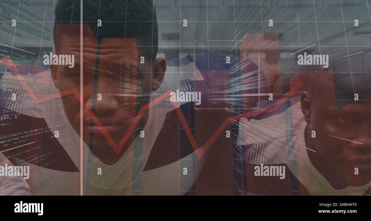 Red graphs moving over grid network against data processing and team of ...