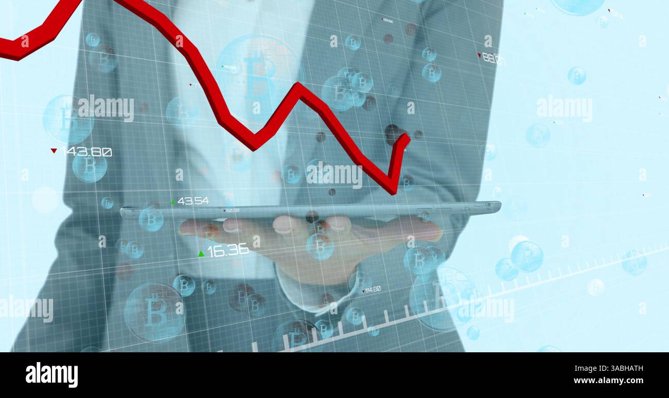 Image of red line and statistics processing over bitcoin symbols and ...