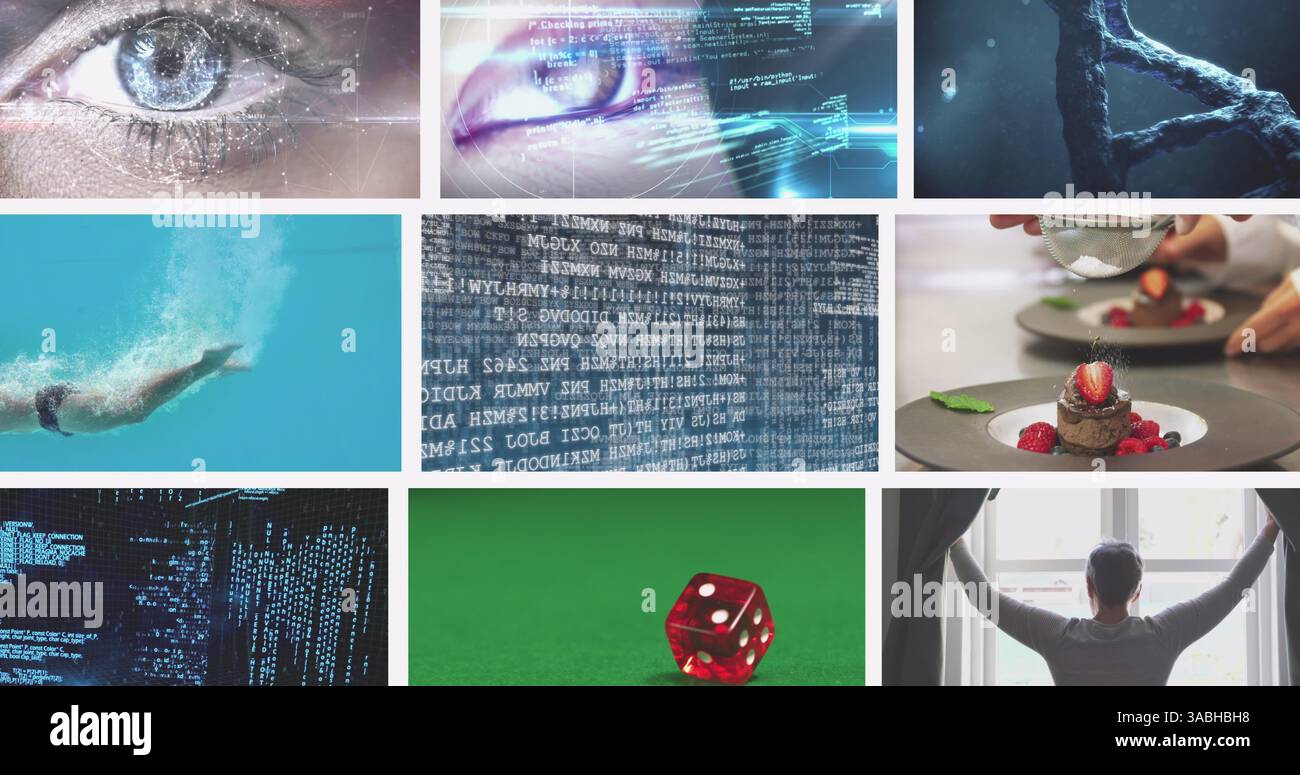 Nine composite screens, including eyes, digital technology, dna, dice ...