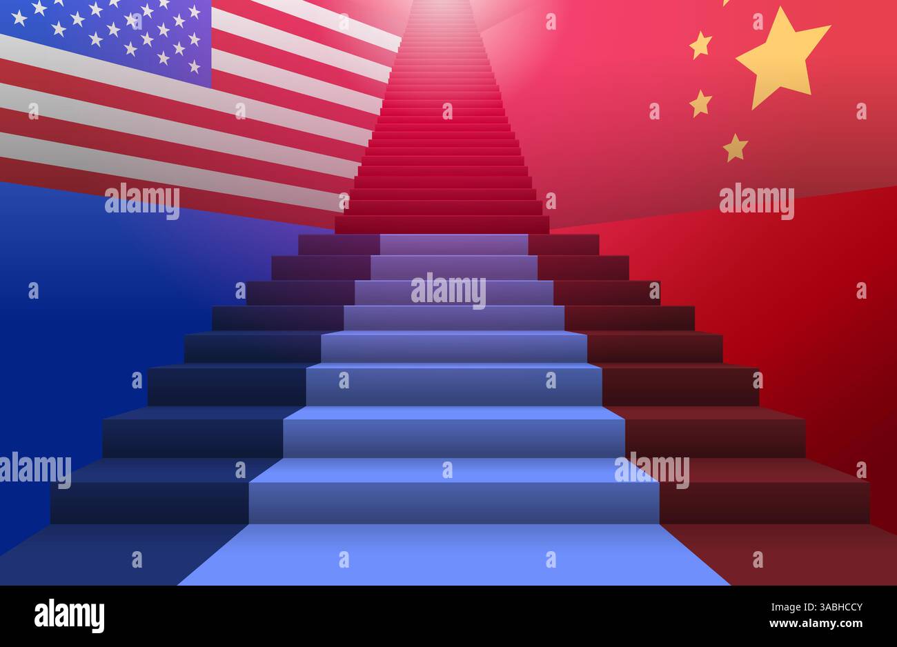 Trade war concept illustration depicts a staircase leading upwards with ...