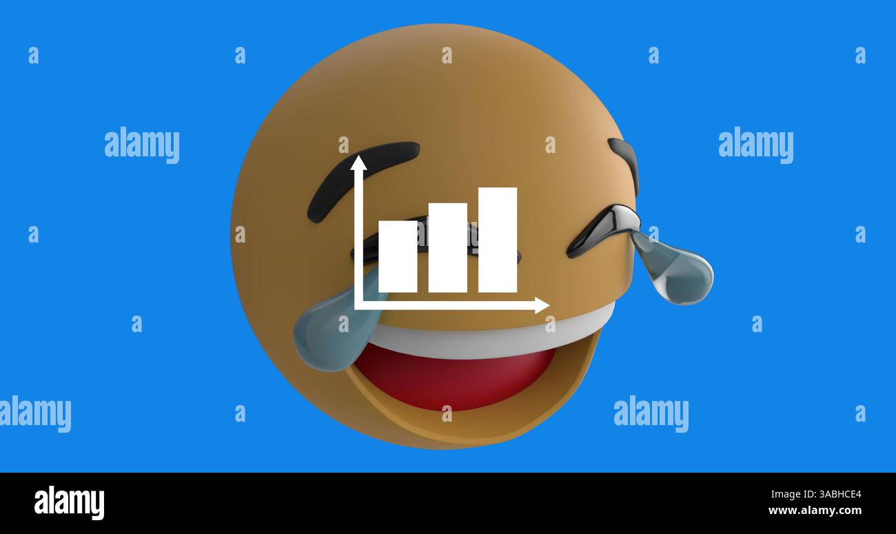 Digital image of bar graph icon over laughing face emoji against blue ...