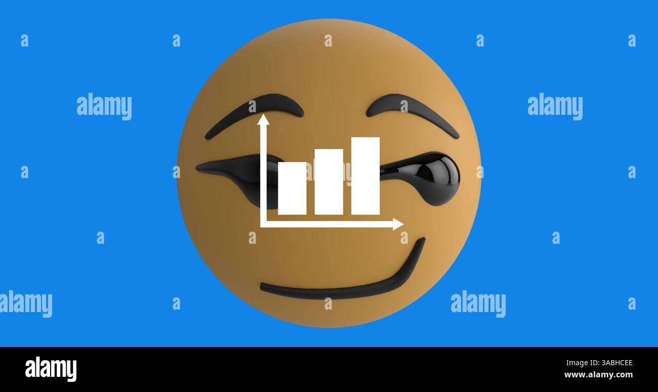 Digital image of bar graph icon over smirk face emoji against blue ...