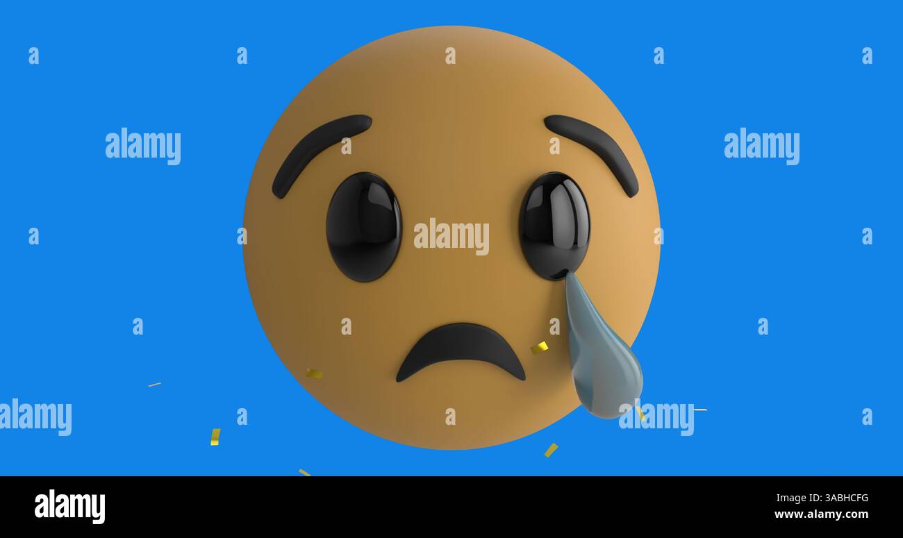 Digital image of golden confetti falling over crying face emoji against ...