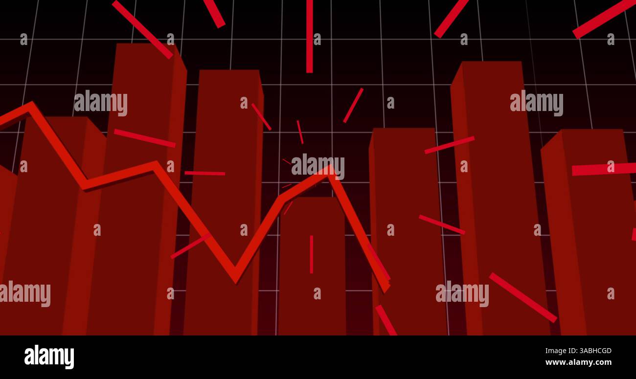Image of red statistics with red rays pulsating over grid background ...