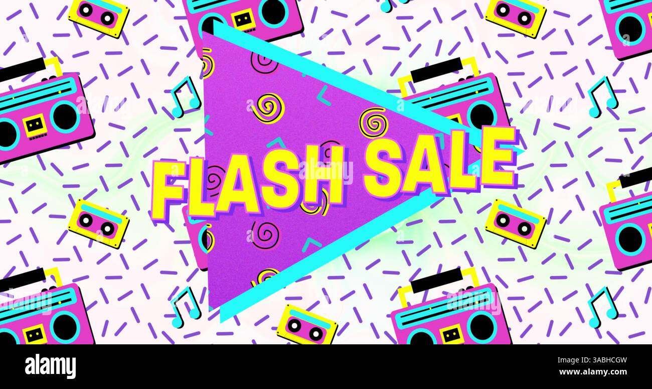 Flash sale text on purple banner against vhs tape icons in seamless ...