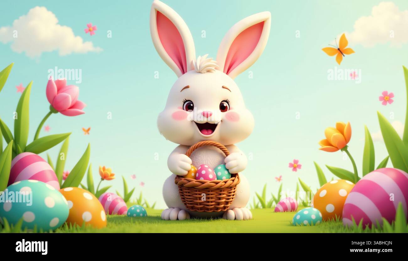 Cartoon Illustration Of Rabbit With Basket Of Eggs In Field Featuring ...