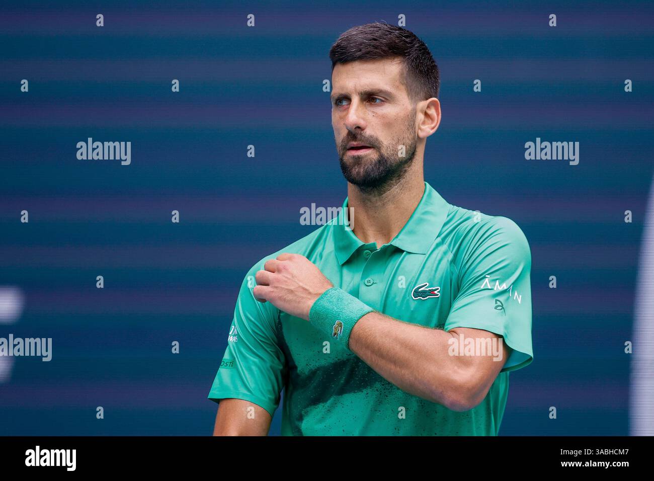 MIAMI GARDENS, FL - MARCH 28: Novak Djokovic (SRB) looks on during his ...
