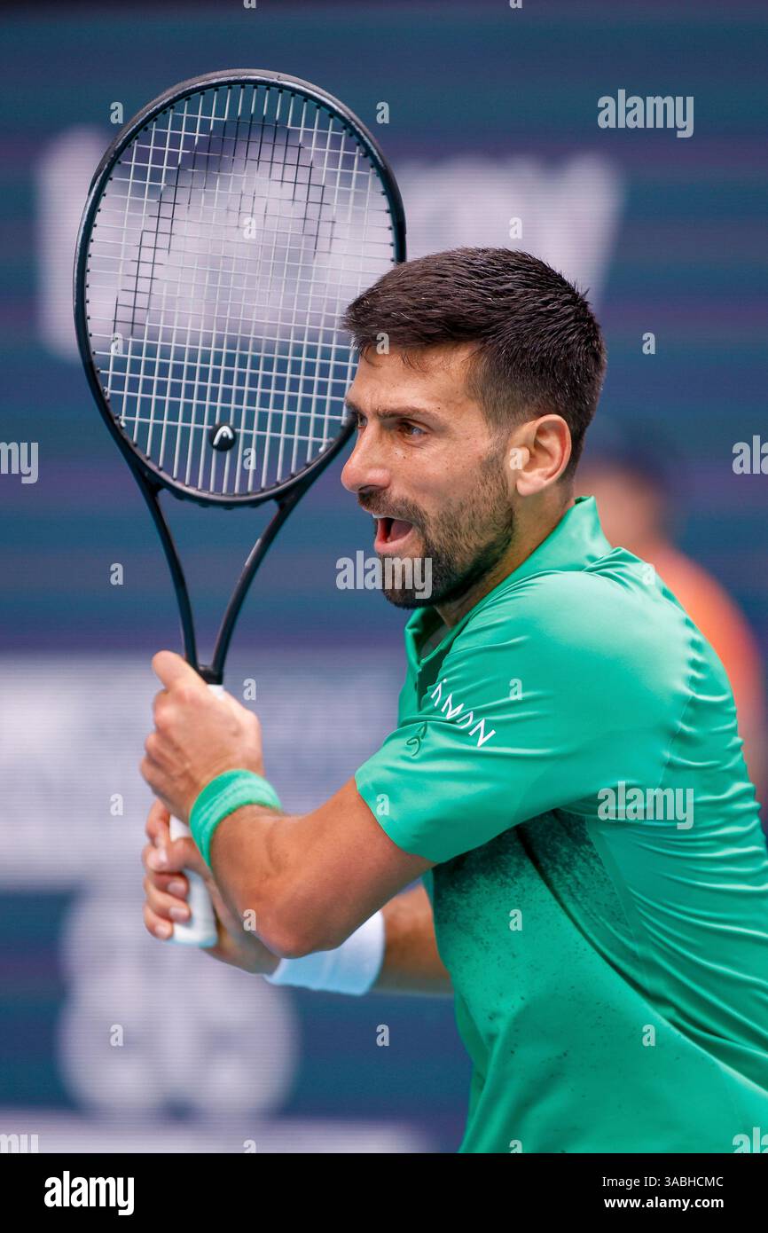 MIAMI GARDENS, FL - MARCH 28: Novak Djokovic (SRB) reacts during his ...