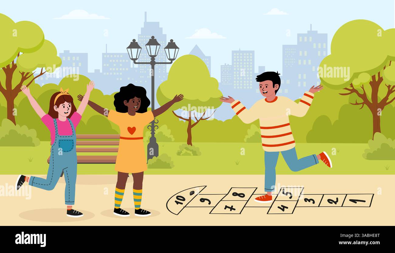 Three children enjoying a game of hopscotch in a vibrant city park ...