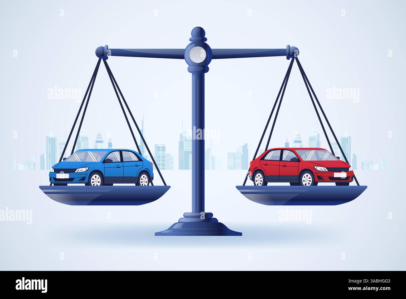 Cars on balance scale trade war concept. Blue and red cars on scales ...