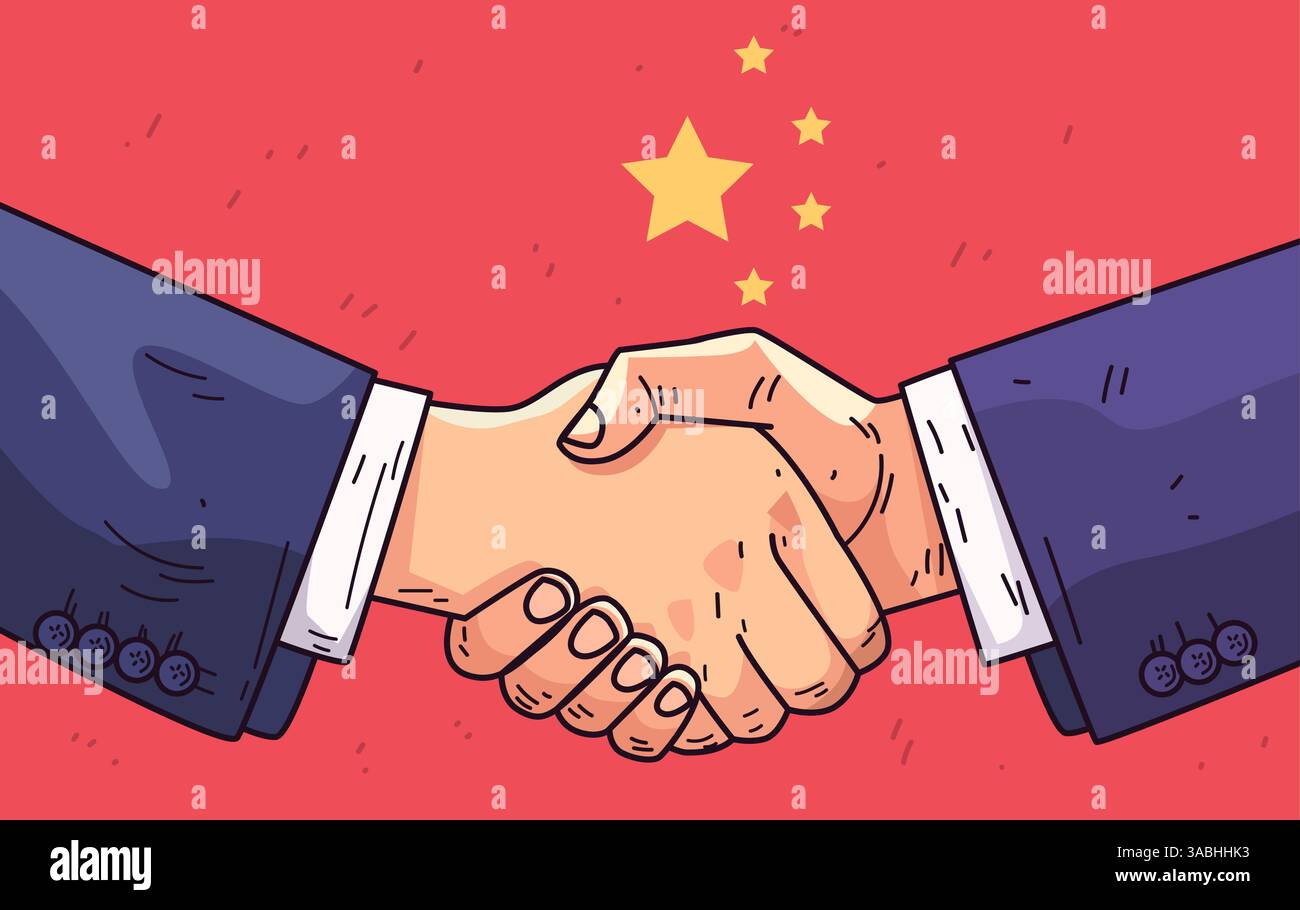 Handshake trade agreement concept two hands shaking against a red ...