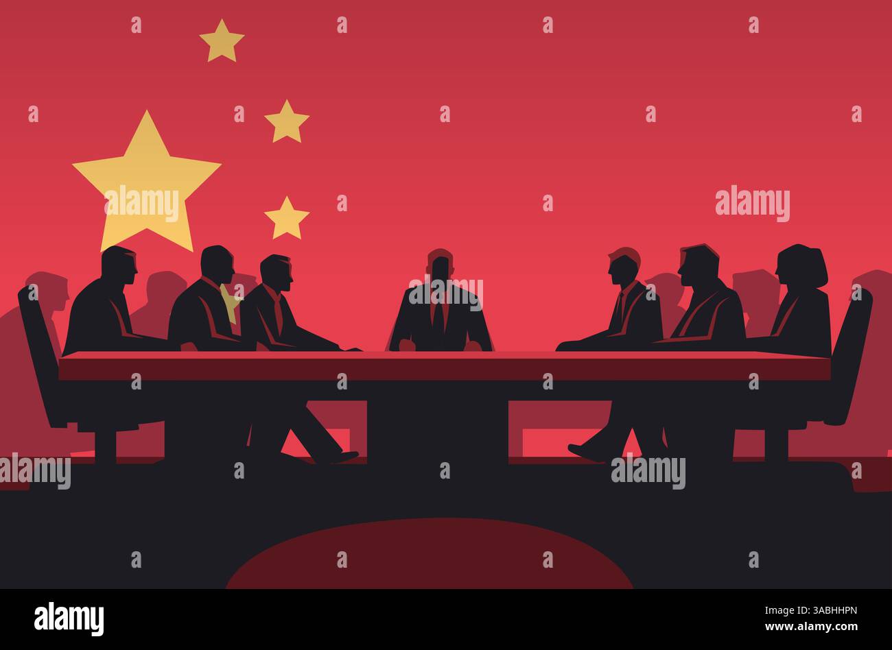 Trade war negotiation silhouettes at table. Businesspeople seated ...