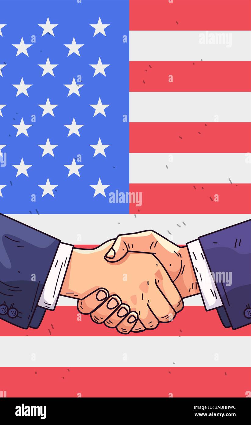 Handshake agreement concept with American flag background two hands ...