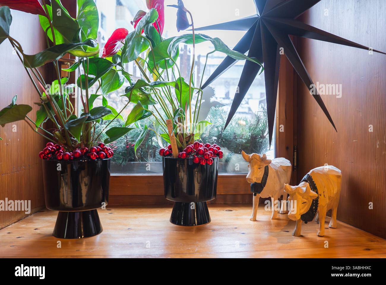 Rustic Window Display with Plants, Wooden Figurines, and Snowy View ...