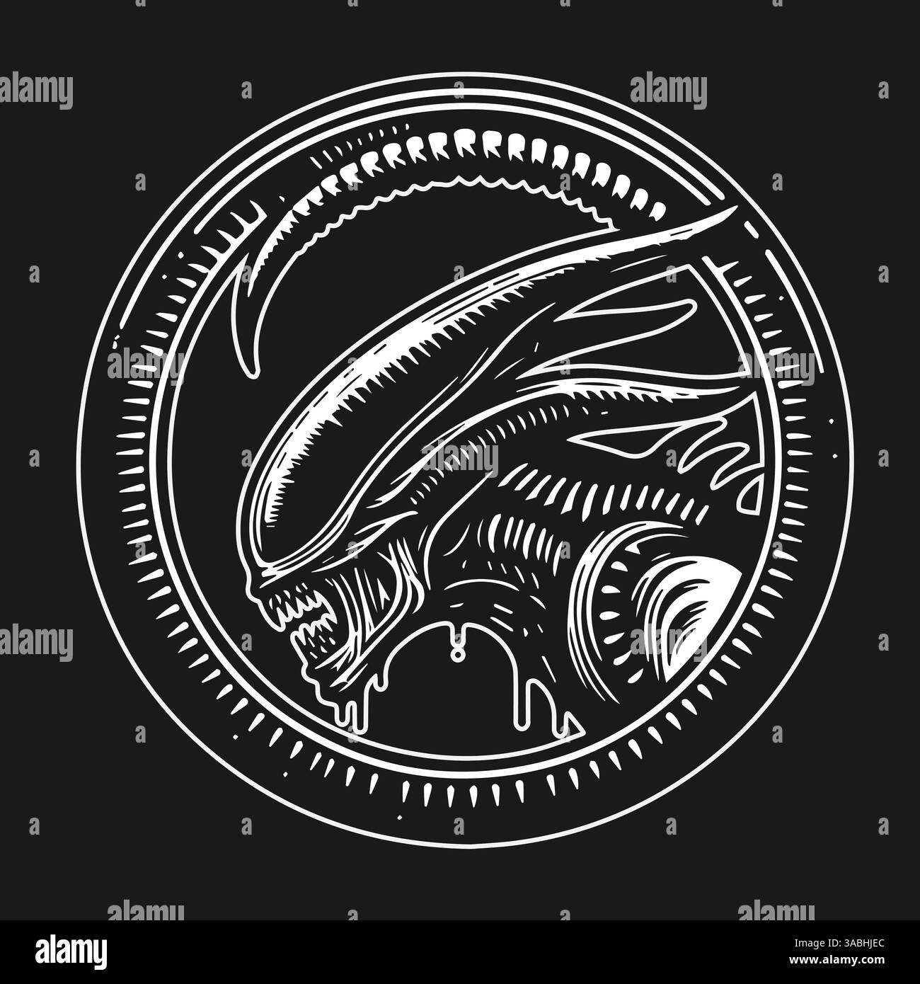 Monster Alien xenomorph in ring, black and white flat vector ...