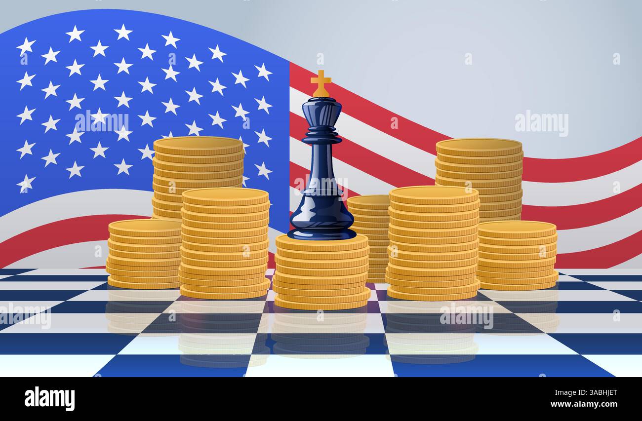 Trade war concept chess piece coins USA flag background gold stacks ...