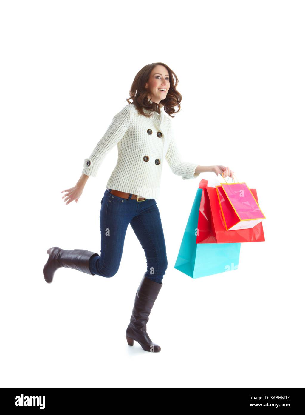 Shopping, winter and woman with bags, studio and rush for purchase in ...