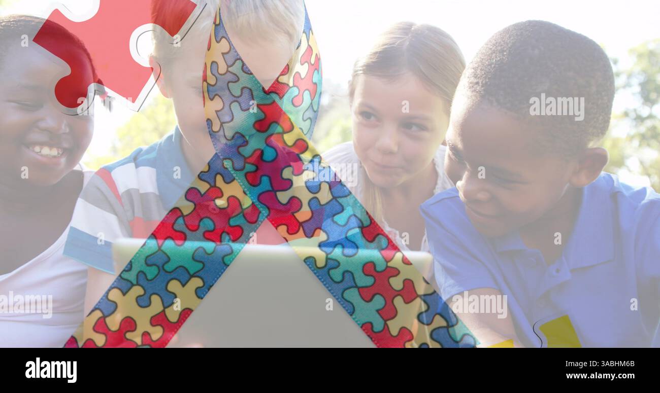 Image of colorful puzzle pieces ribbon over happy playing children ...