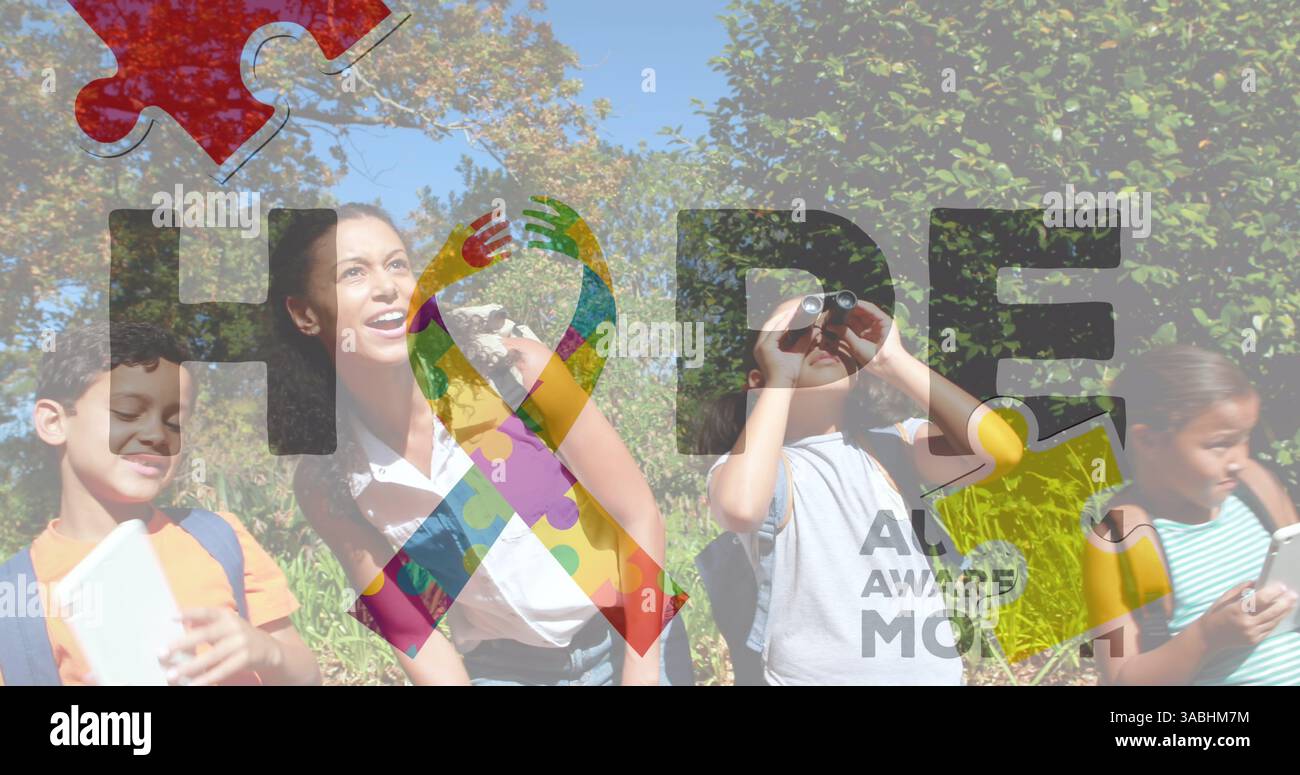 Image of autism awareness text and colorful puzzle pieces over happy ...