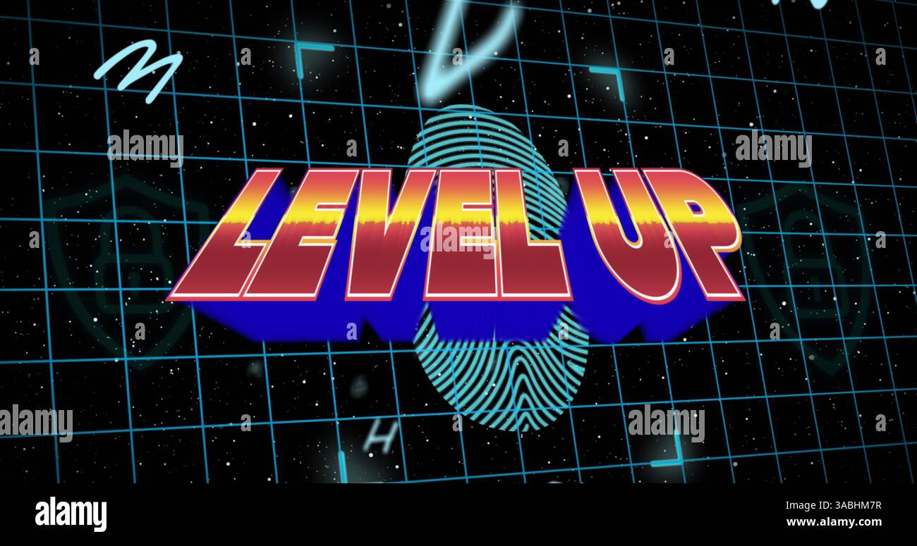 Image of level up text over fingerprint and letters on black background ...