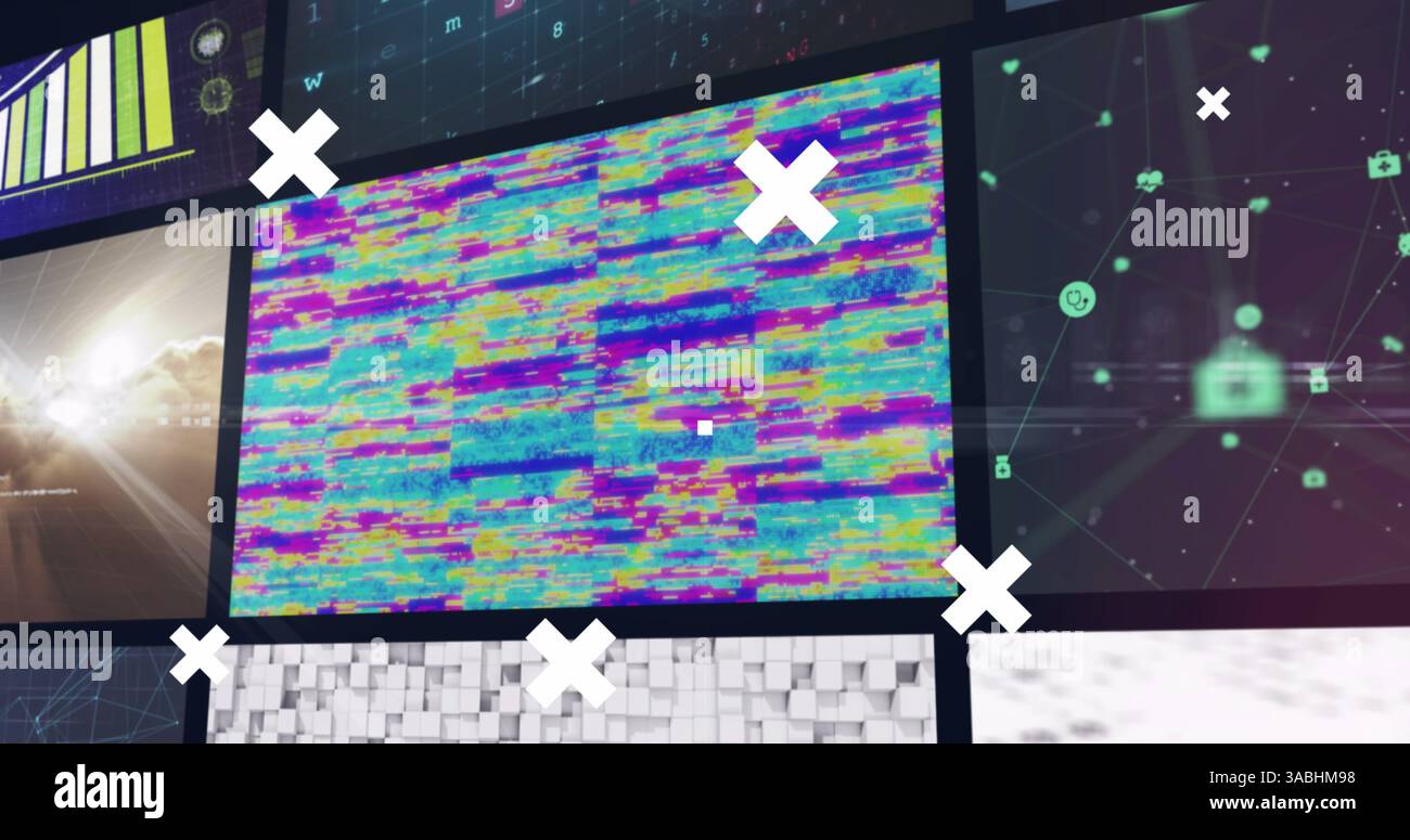 Image of white crosses over multiple screens of technology, business ...