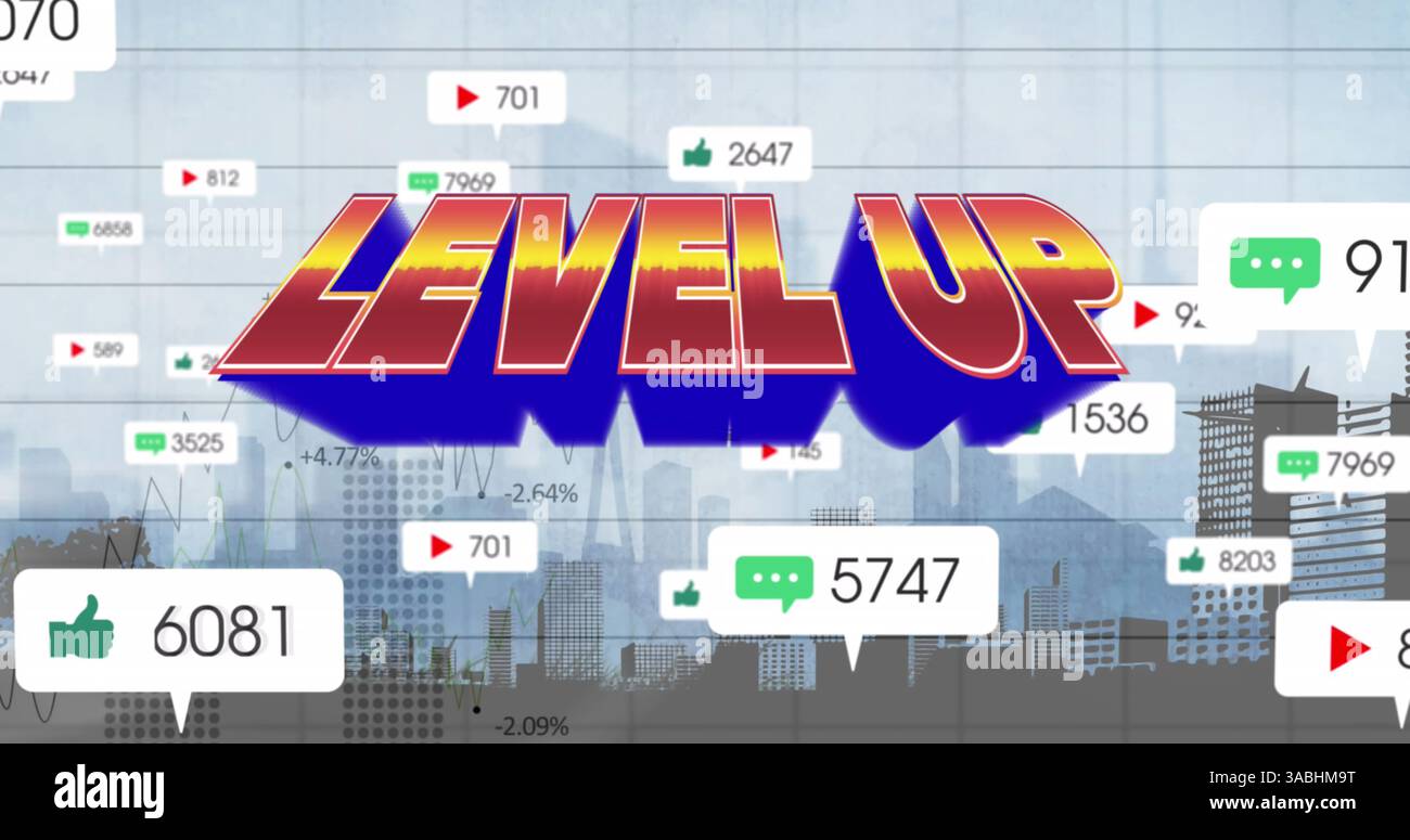 Image of level up text and icons over digital cityscape Stock Photo - Alamy