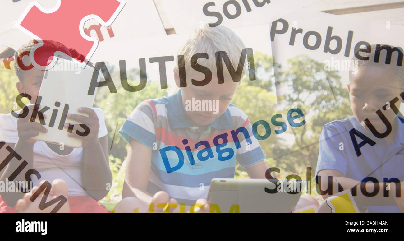 Image of autism awareness text and colorful puzzle pieces over happy ...