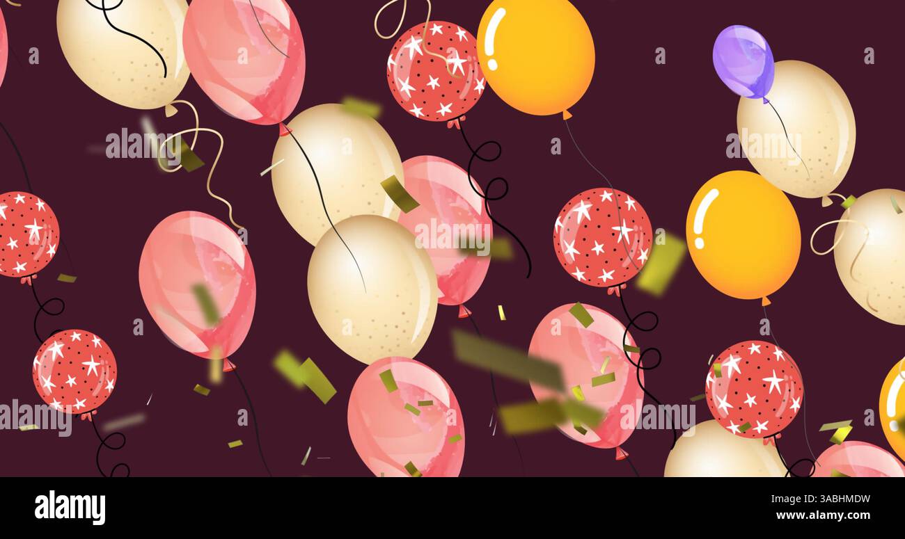 Image of colorful balloons flying and falling confetti over dark ...