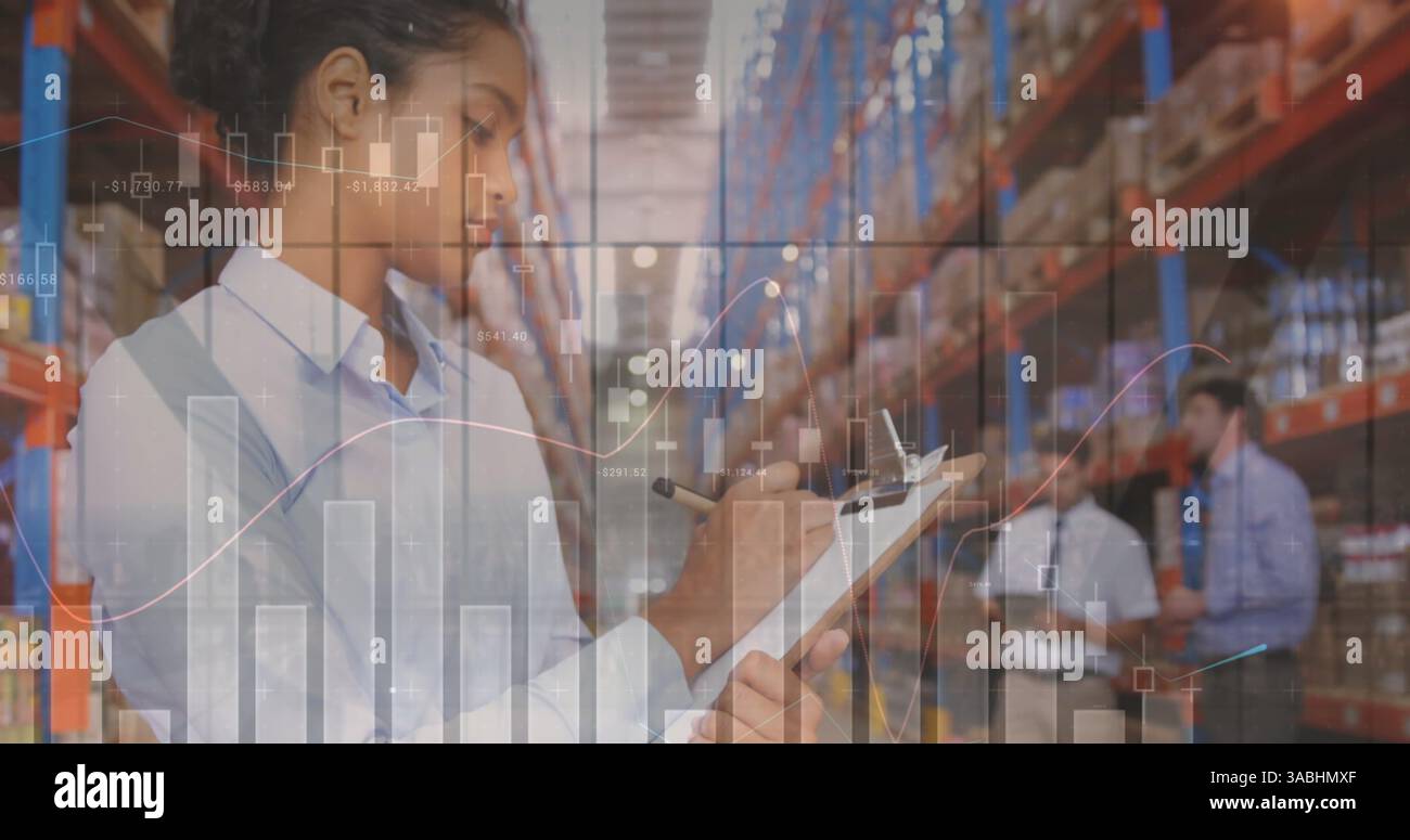 Image of data processing over woman writing on clipboard in warehouse ...