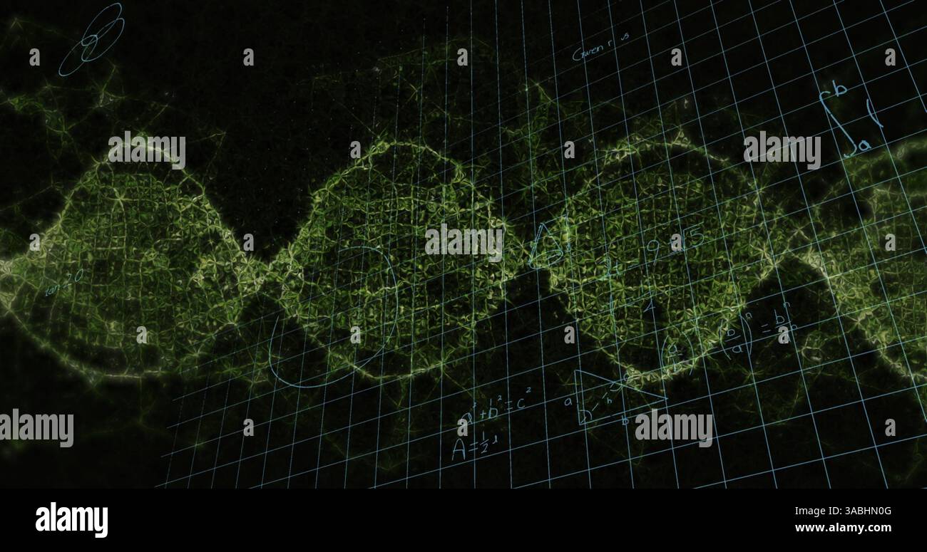 Image of dna strand spinning and mathematical equations over grid ...
