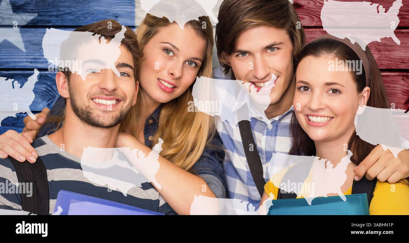 Image of smiling friends over wooden table and american flag Stock ...