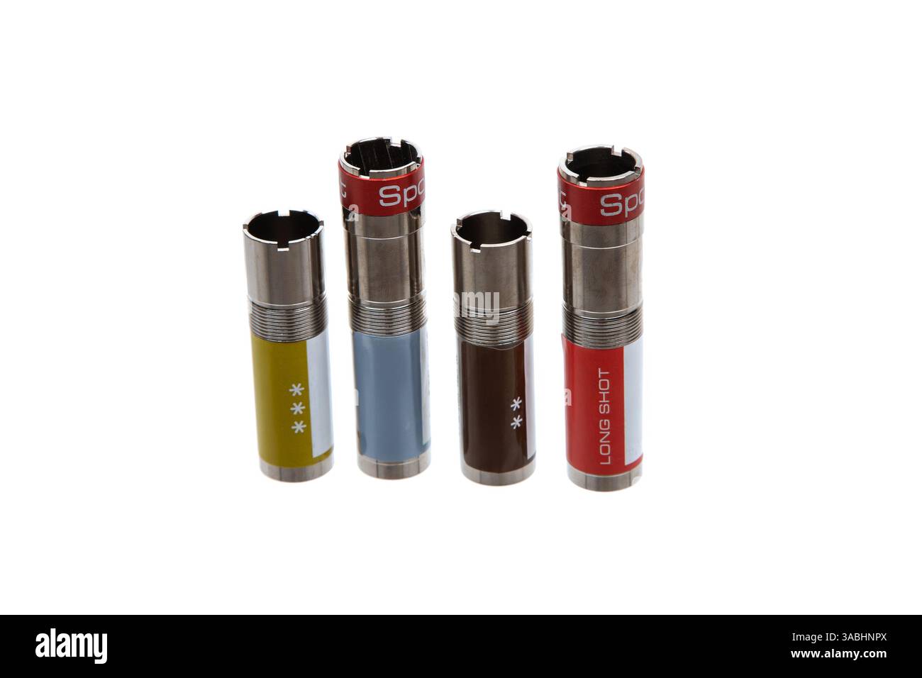 A set of smoothbore shotgun choke tubes with threaded ends and markings ...