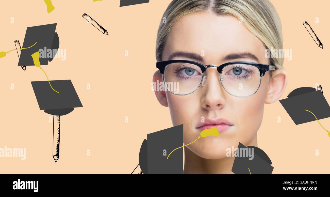 Image of woman and graduation cap and pencil icons on green background ...