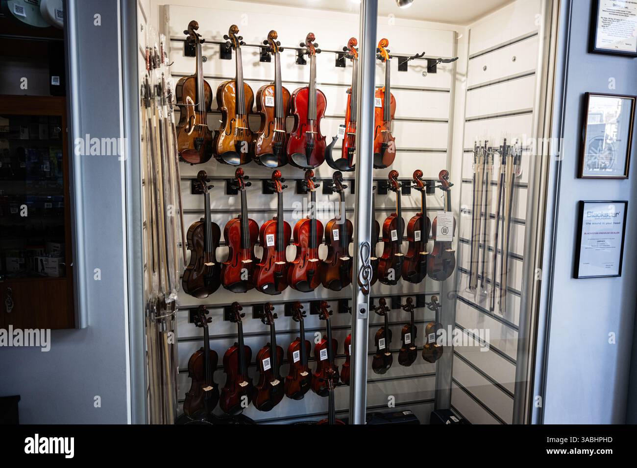 Lviv, Ukraine - April 01, 2025: Violins and bows arranged in a display ...