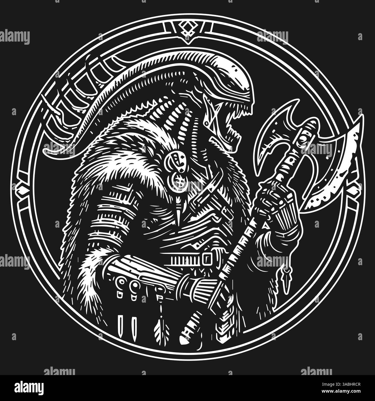 Monster Alien xenomorph viking in ring, black and white flat vector ...