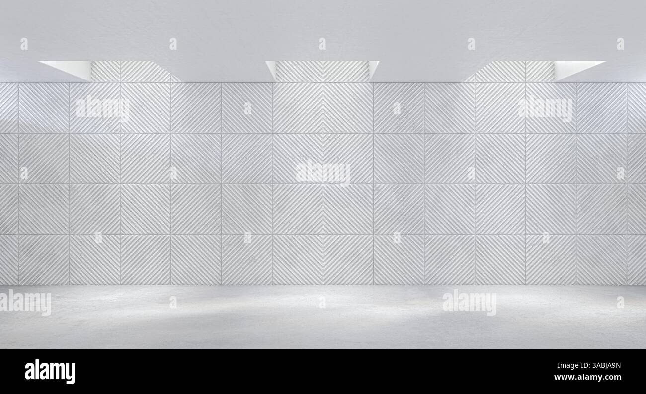 Empty room with white tiled wall and concrete floor 3d Stock Photo - Alamy