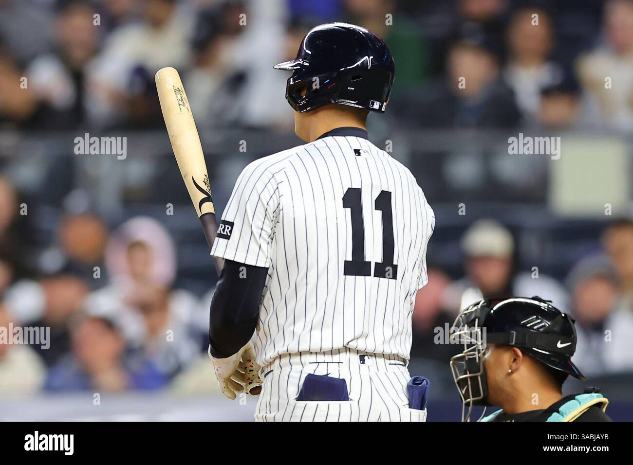 BRONX, NY - APRIL 01: Anthony Volpe #11 of the New York Yankees at bat ...