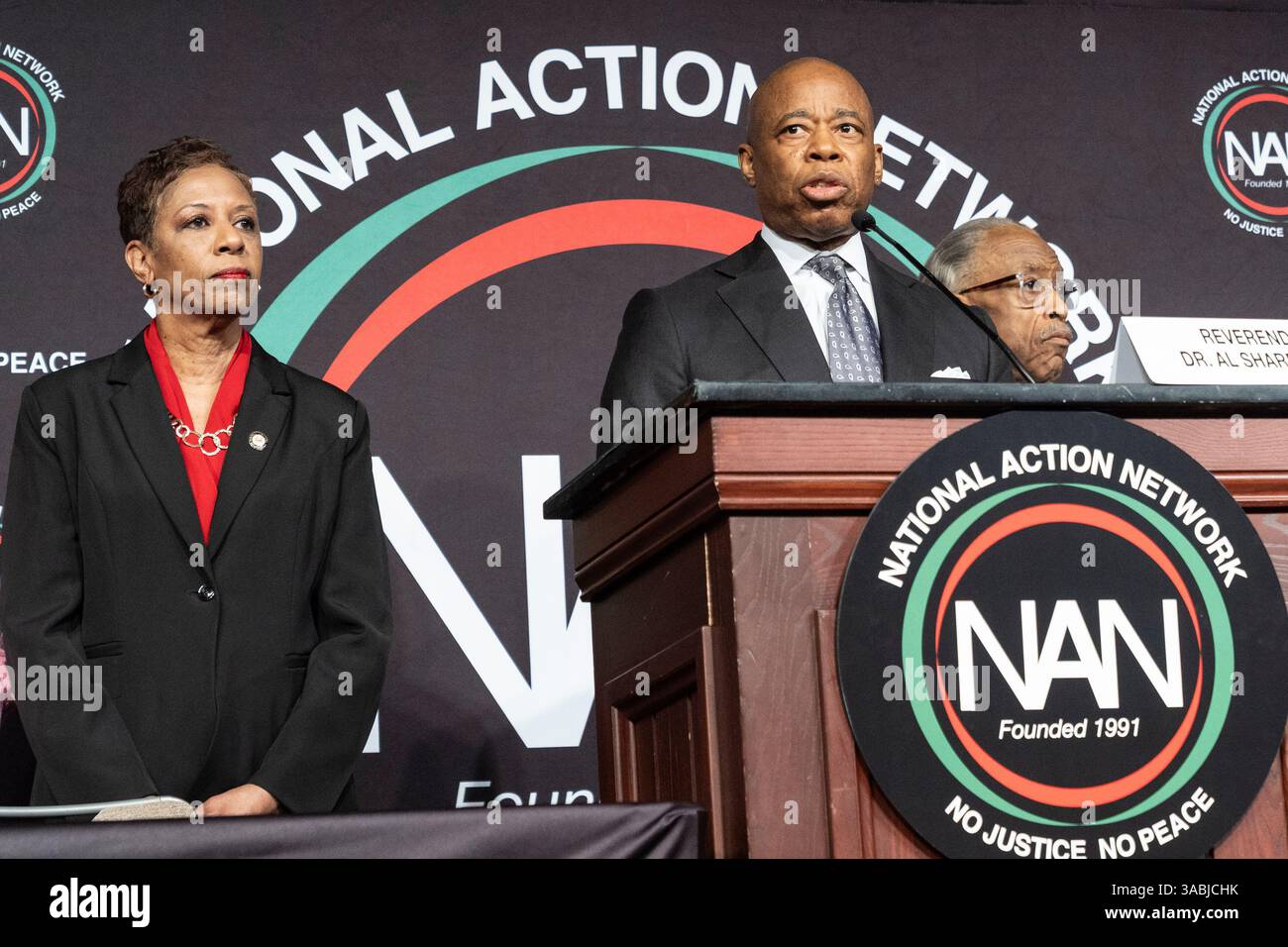 New York, NY, April 2, 2025: Mayor Eric Adams delivers remarks at the ...