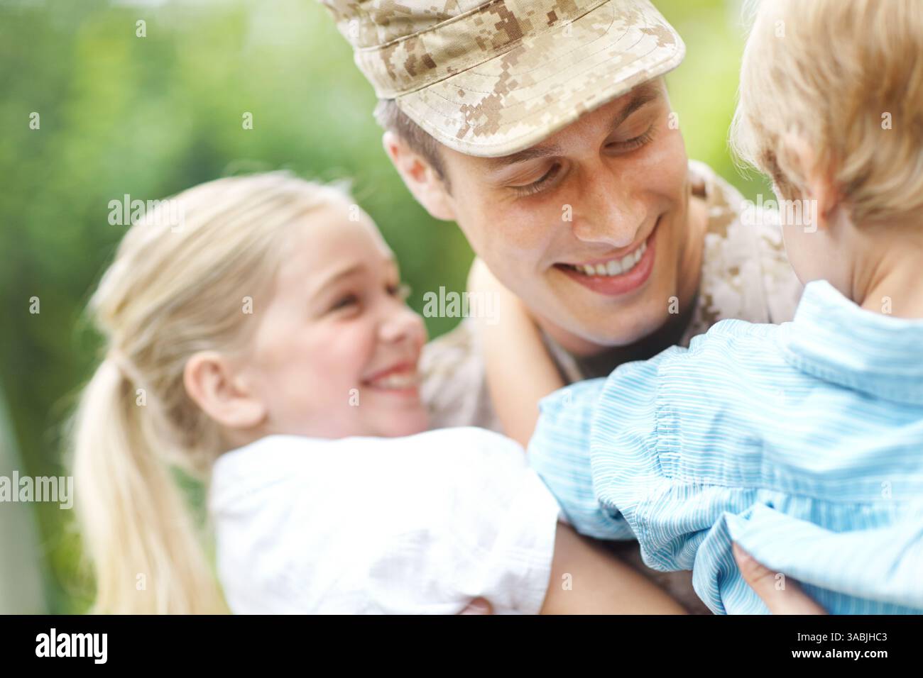 Outdoor, soldier and reunion with children, hug and excited with dad ...