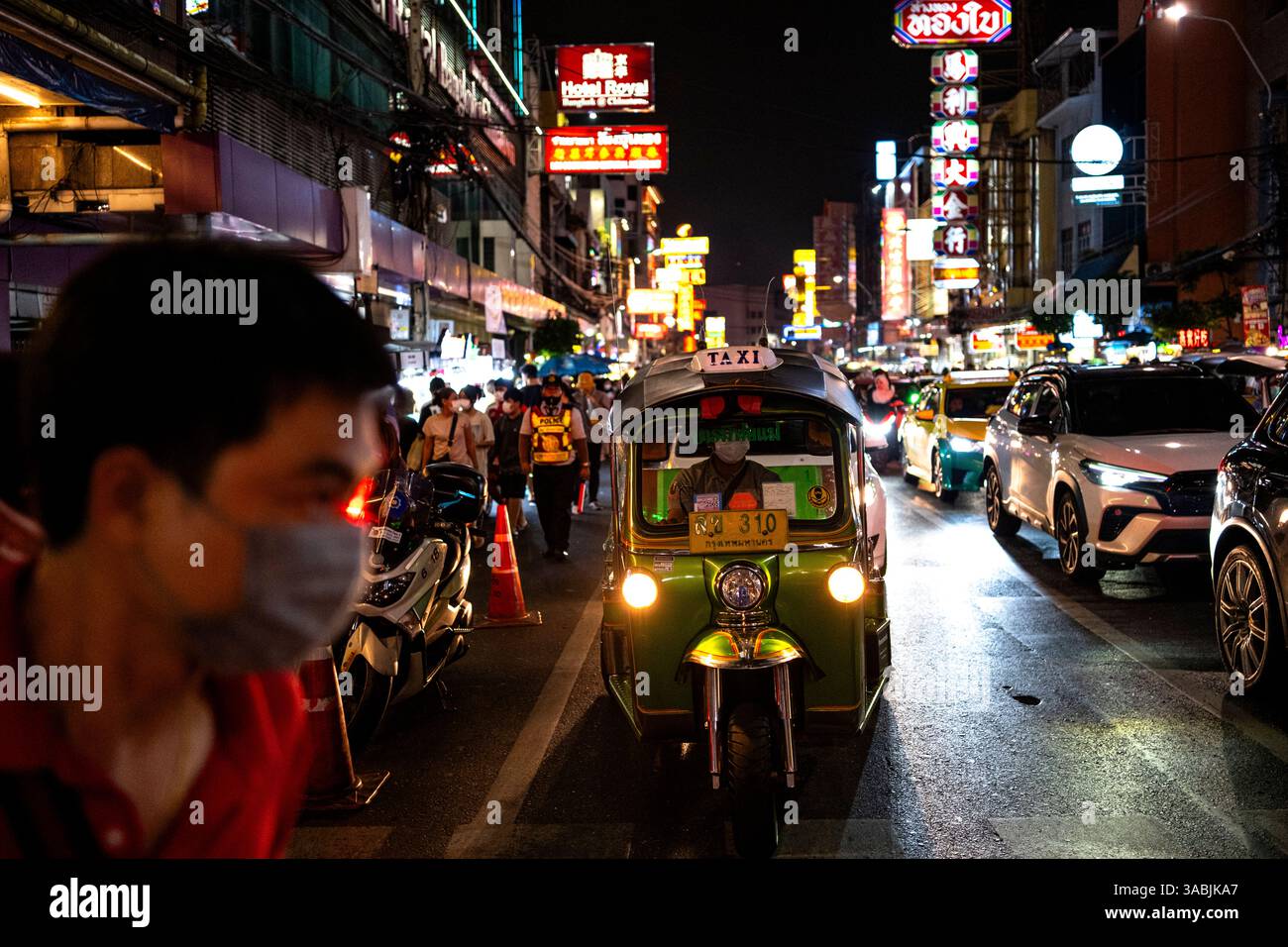 BANGKOK, THAILAND , OCTOBER 2021 Tuk Tuk and Neon signs of Chinatown in ...