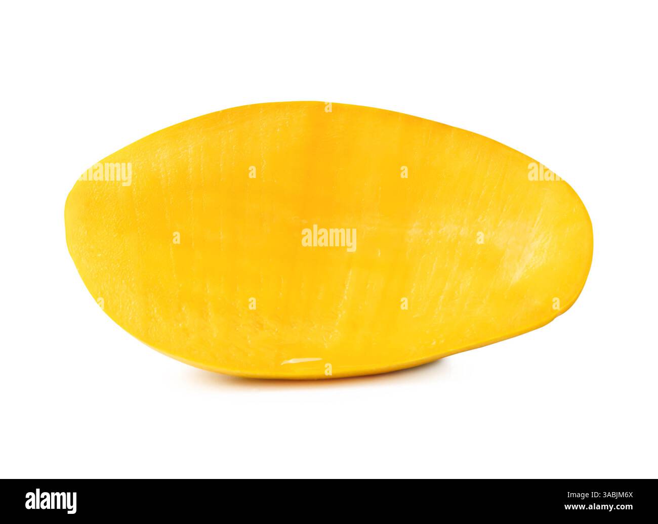 Single ripe yellow mango fruit in half is isolated on white background ...