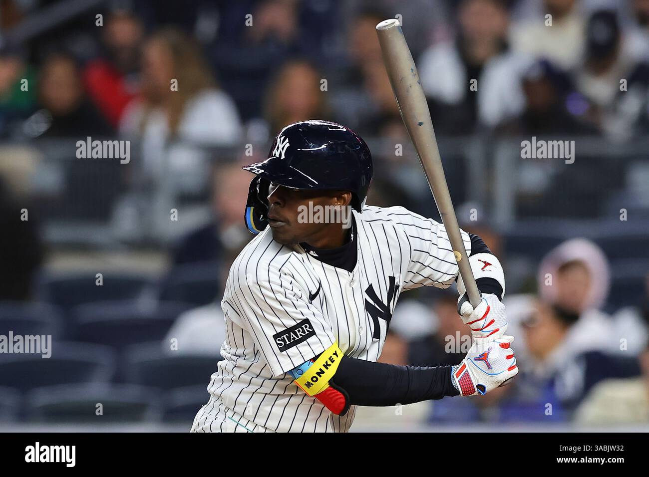 BRONX, NY - APRIL 01: Jazz Chisholm Jr. #13 of the New York Yankees at bat using a Torpedo bat ...